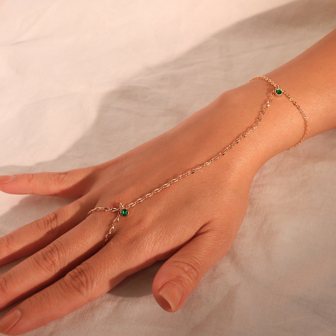 Birthstone Gold Hand Chain Bracelet for Her Link Ring Bracelet Slave ...