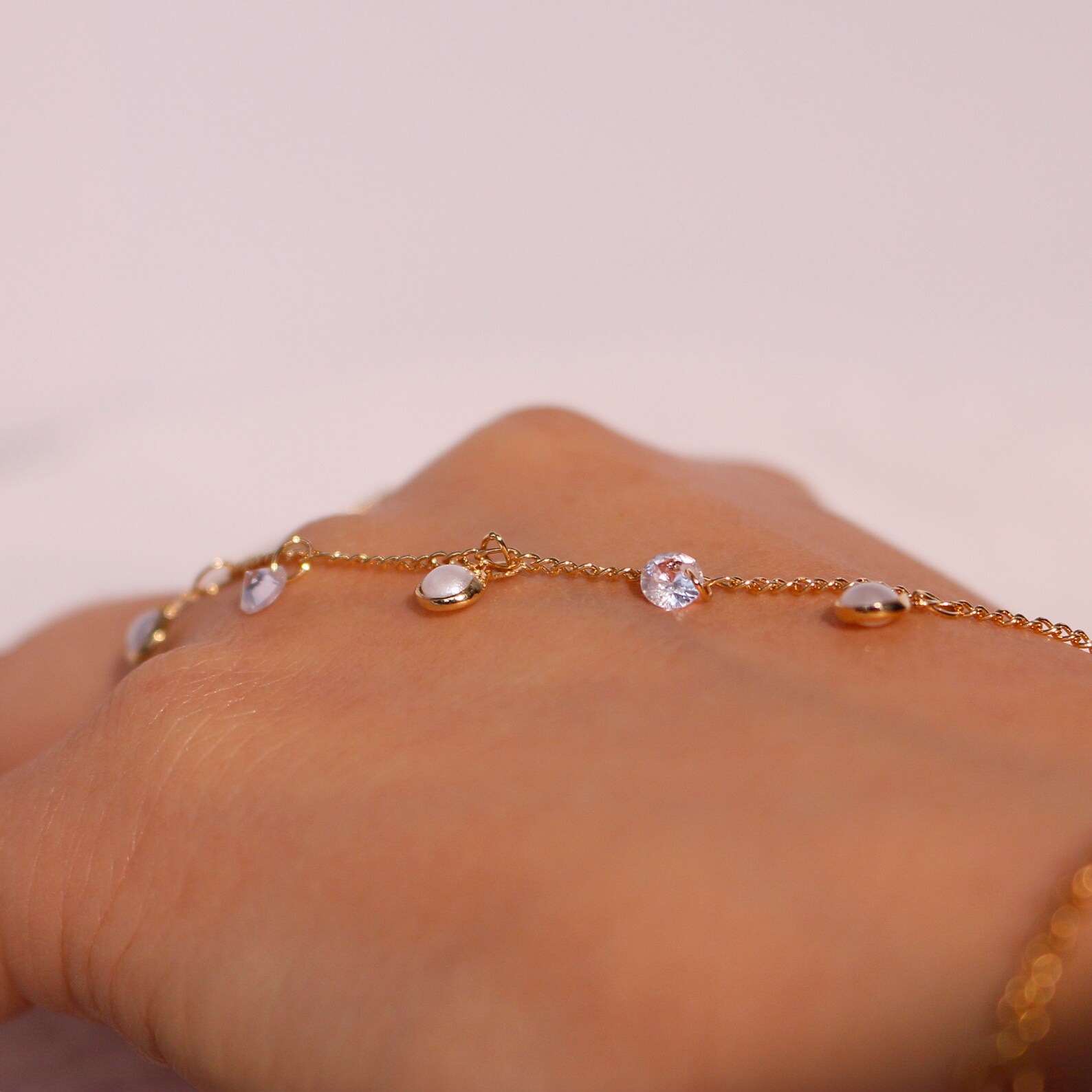 Pearl and Cubic Hand Chain Bracelet for Her Link Ring Bracelet Slave ...