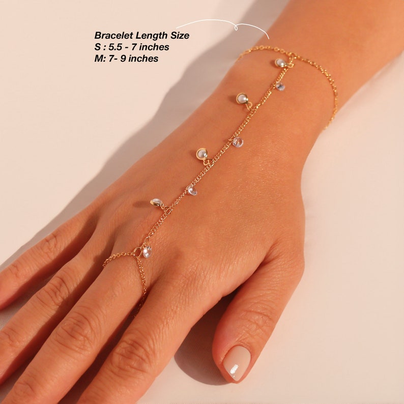 Pearl and Cubic Hand Chain Bracelet for Her Link Ring Bracelet Slave ...