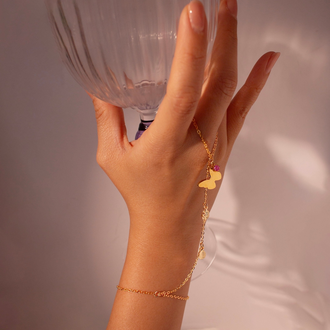 Butterfly Hand Chain Bracelet Ring Birthstone Gold Butterflies Slave ...