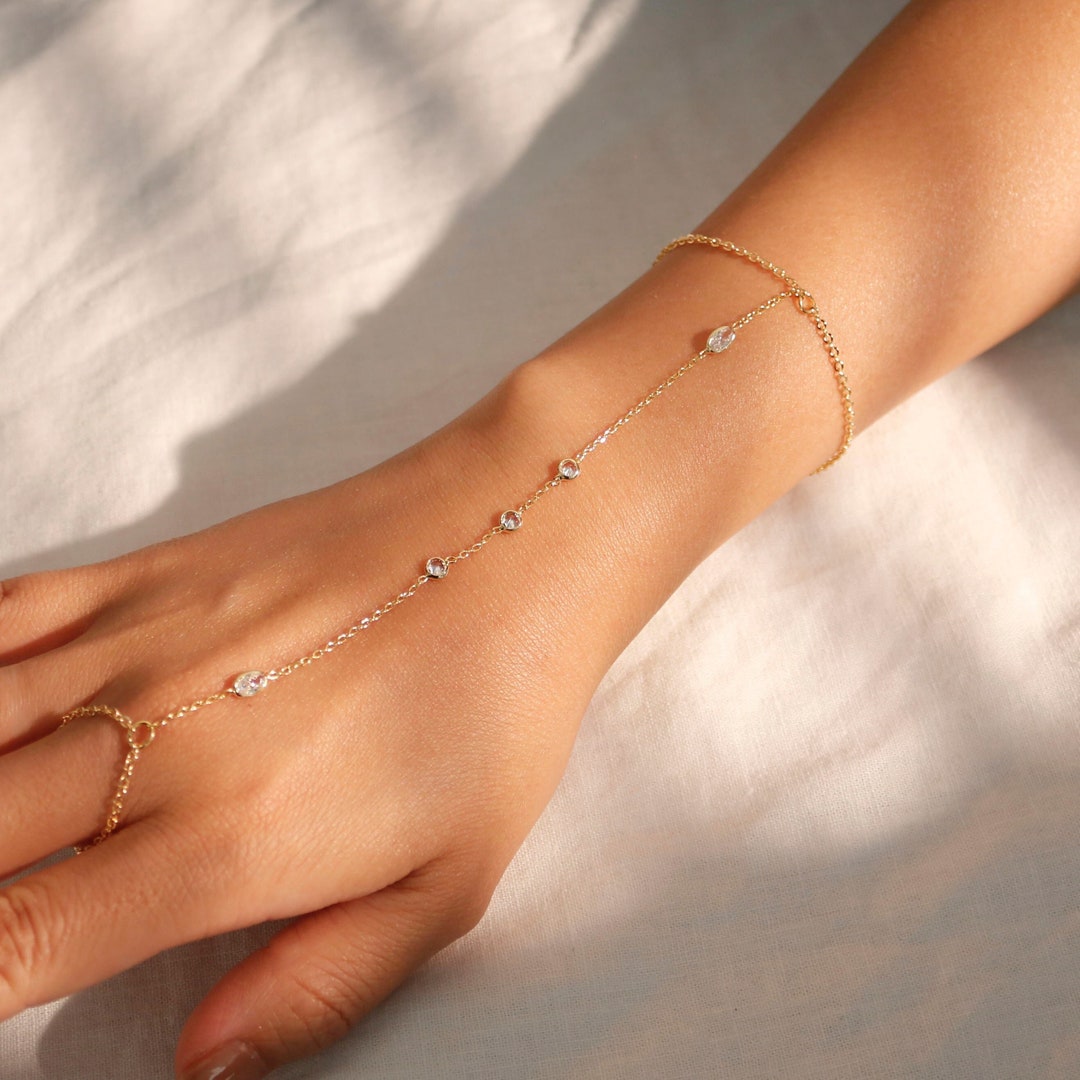 16K Gold Hand Chain Bracelet: Dainty Link Ring Bracelet - Etsy