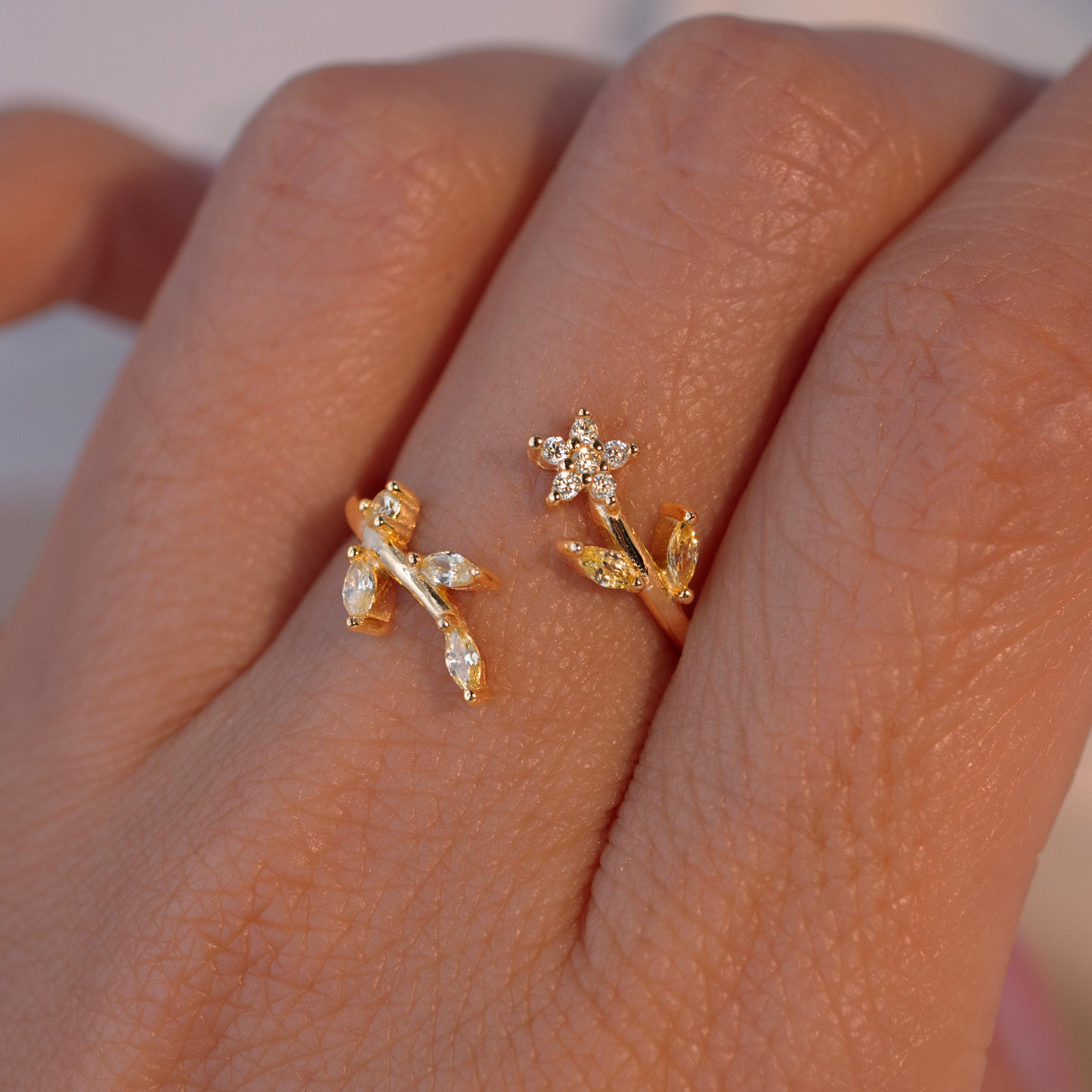 Gold Flower Leaf Ring 925 Sterling Silver Dainty Adjustable Floral Ring ...