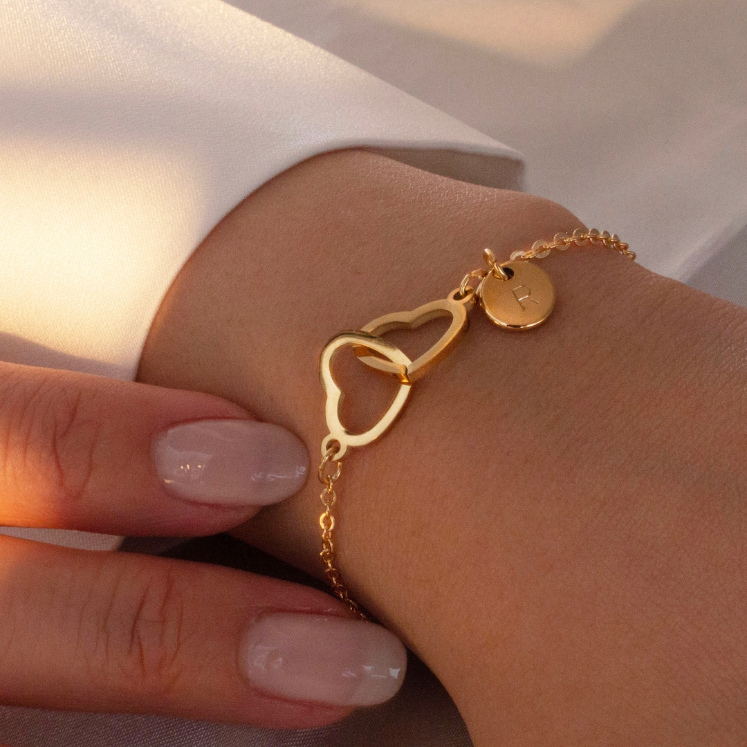 16K Gold Double Heart Initial Bracelet: Personalized Charm - Etsy