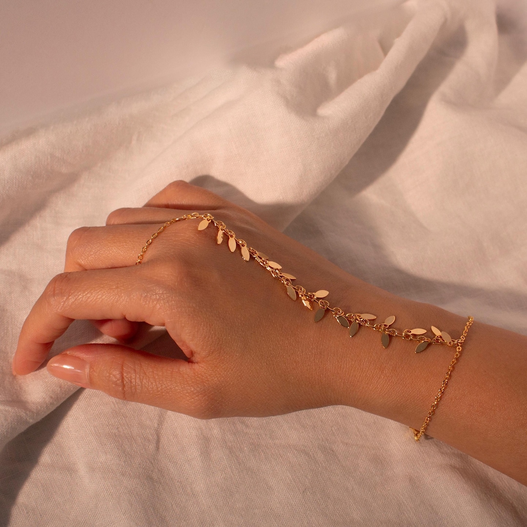 Gold Leaves Hand Chain Ring Chacha Slave Ring Chain Bracelet Best Gift ...