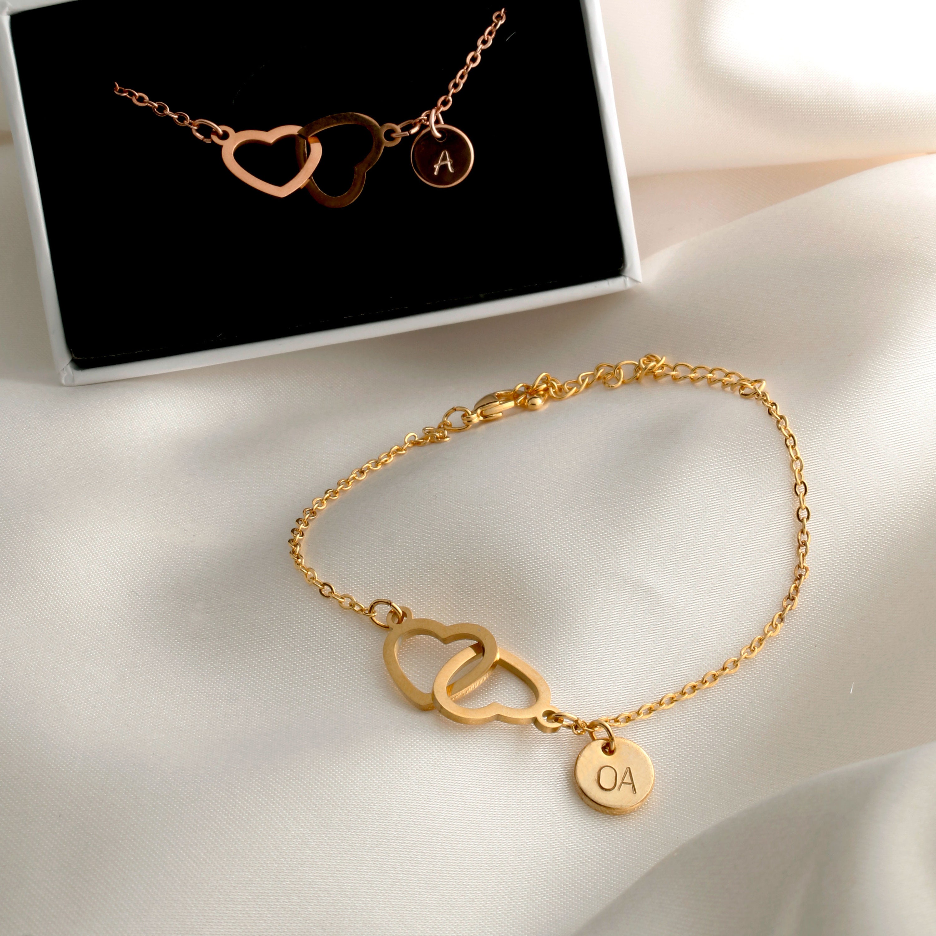 16K Gold Double Heart Initial Bracelet: Personalized Charm - Etsy