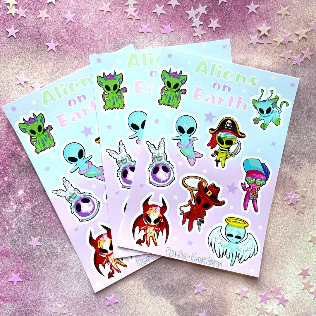 Aliens on Earth, Cute Sticker Sheet, Cute Alien Gifts, Kawaii Alien ...