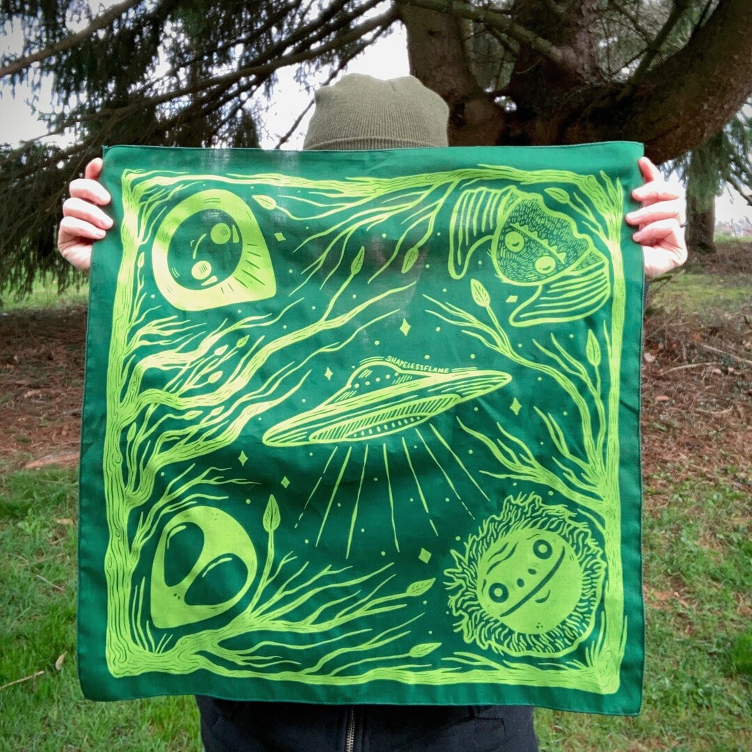 Cryptid + Alien Bandana Altar Tarot Cloth Bright Green Screen Printed ...