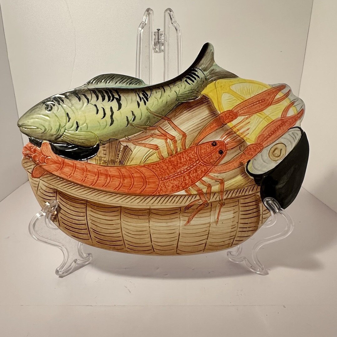 Vtg Majolica Style Seafood Basket Trivet Fish & Prawn Made in Italy 11 ...