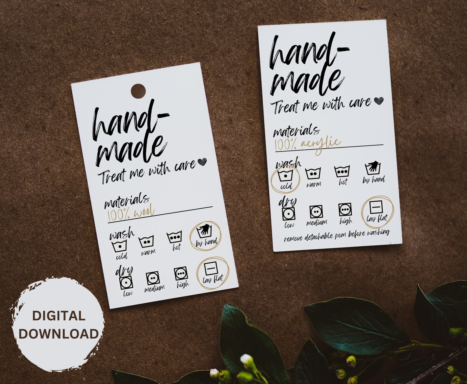 DIGITAL DOWNLOAD Printable Care Cards for Handmade Items Script Font ...