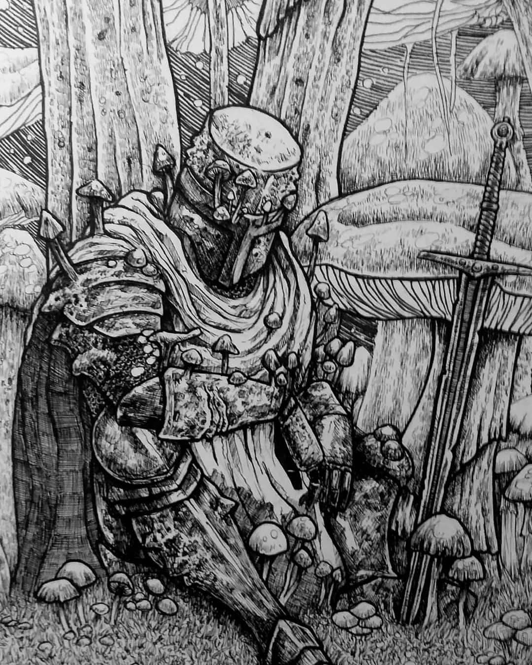 Knight resting surrounded by magic mushrooms Art Print | Etsy