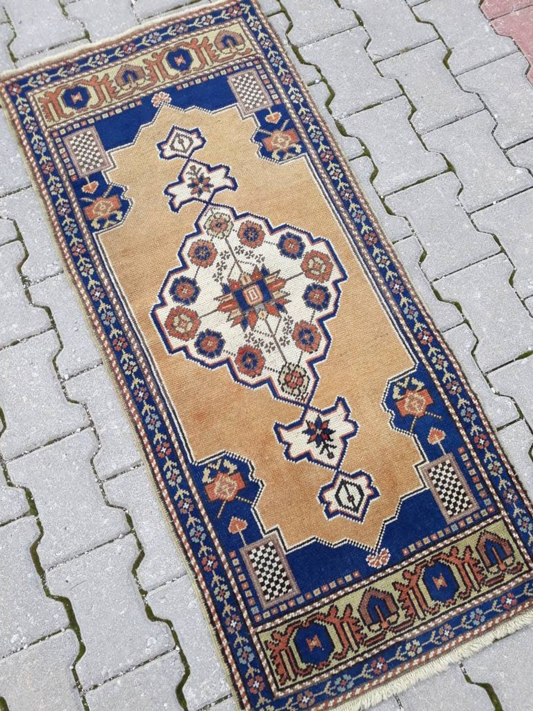 Floral Blue Color Narrow Runner Rug, Turkish Handmade Wool Small Rug ...
