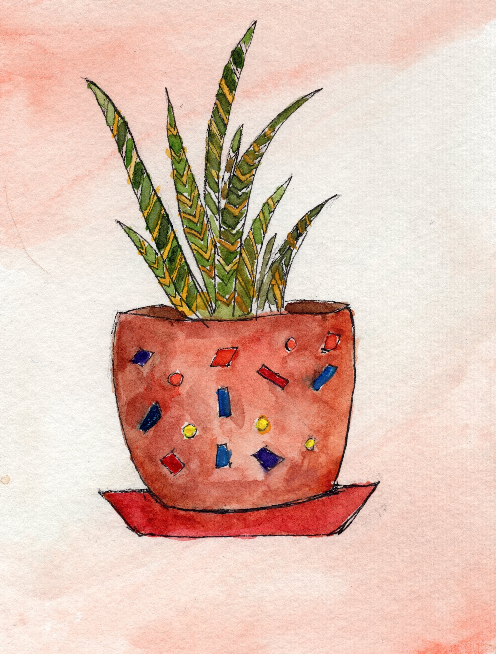 Tropical Potted Plant - Watercolor and Ink - Small Painting - Original ...