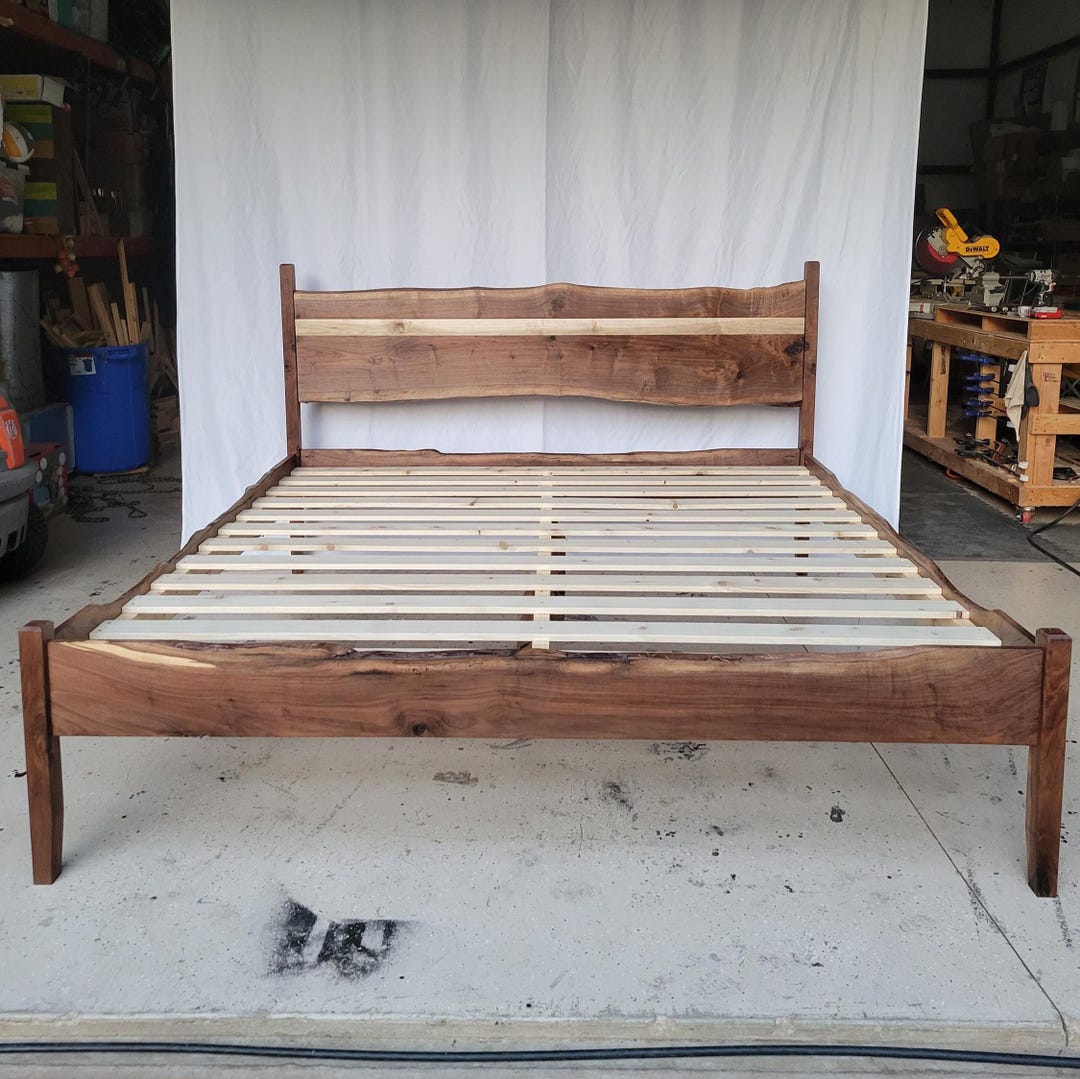 Solid Walnut Live Edge Bed Frame and Live Edge Mortise and Tenon Headboard With Maple Inlay - Etsy