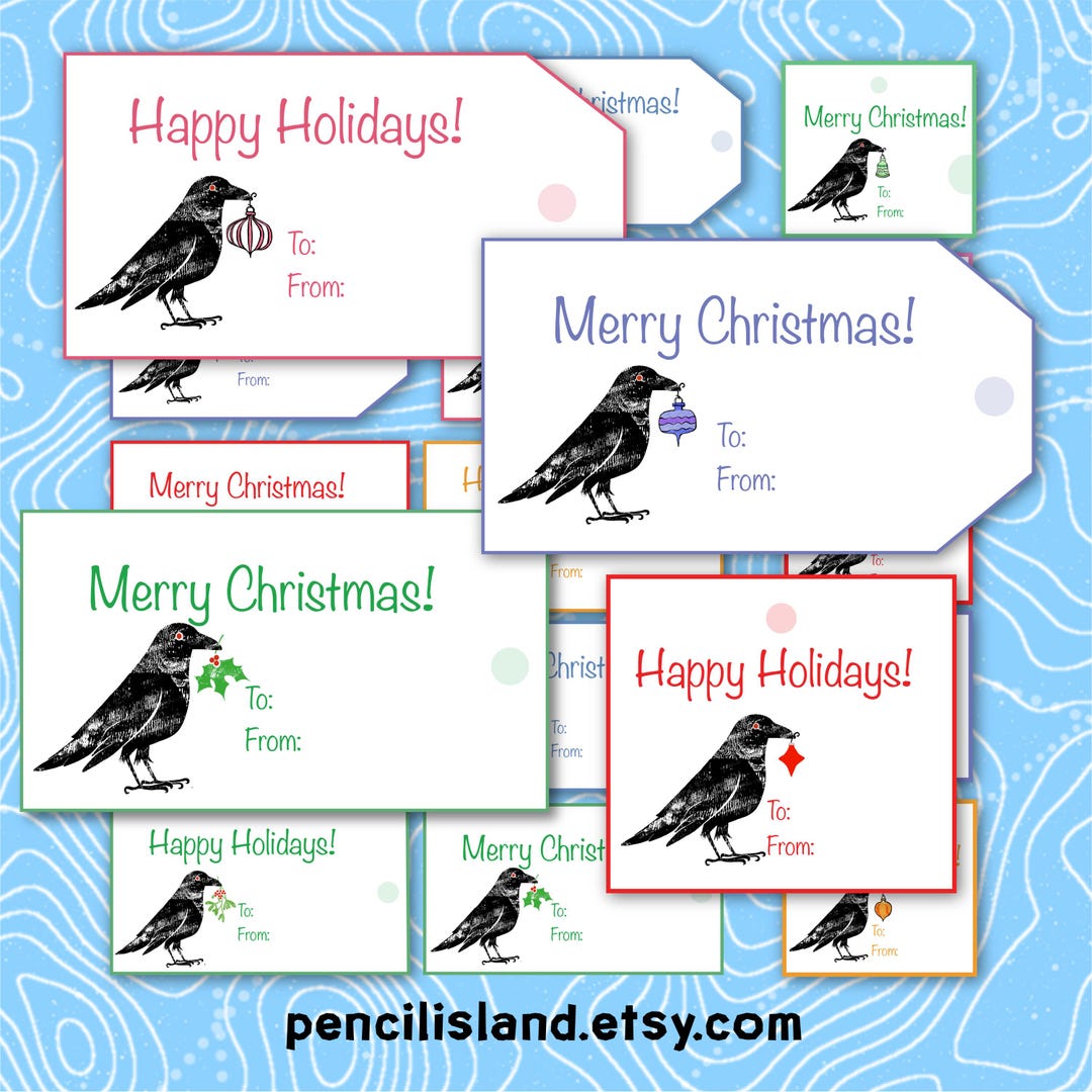 Printable Gift Tags - Merry Christmas and Happy Holiday Messages Holiday Crow With Ornaments - Etsy