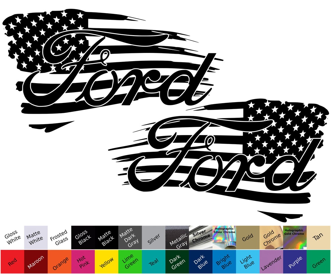 Pair of Ford Tattered American Flag Decals Single Color Ready to Apply ...