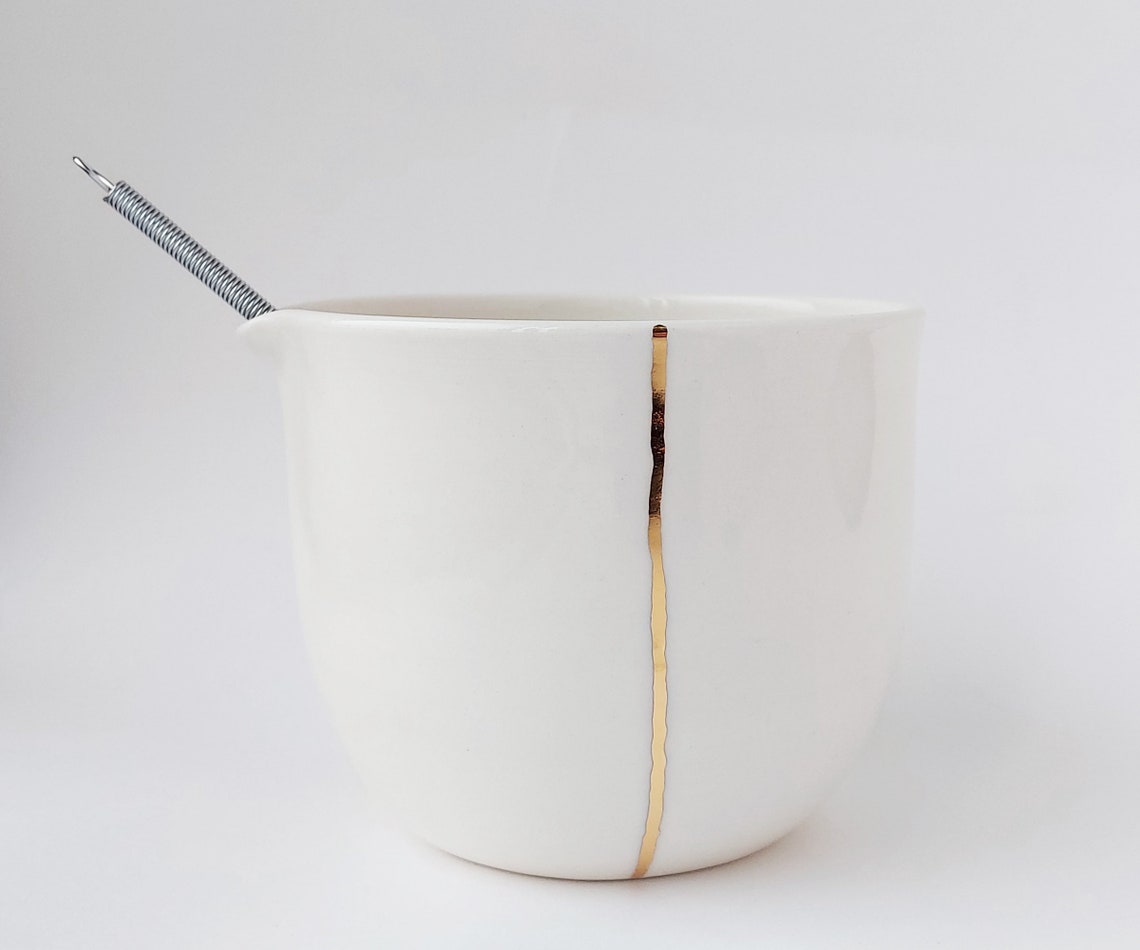 Handmade White Ceramic Mixing Bowl With Mini Metal Whiskwhite | Etsy