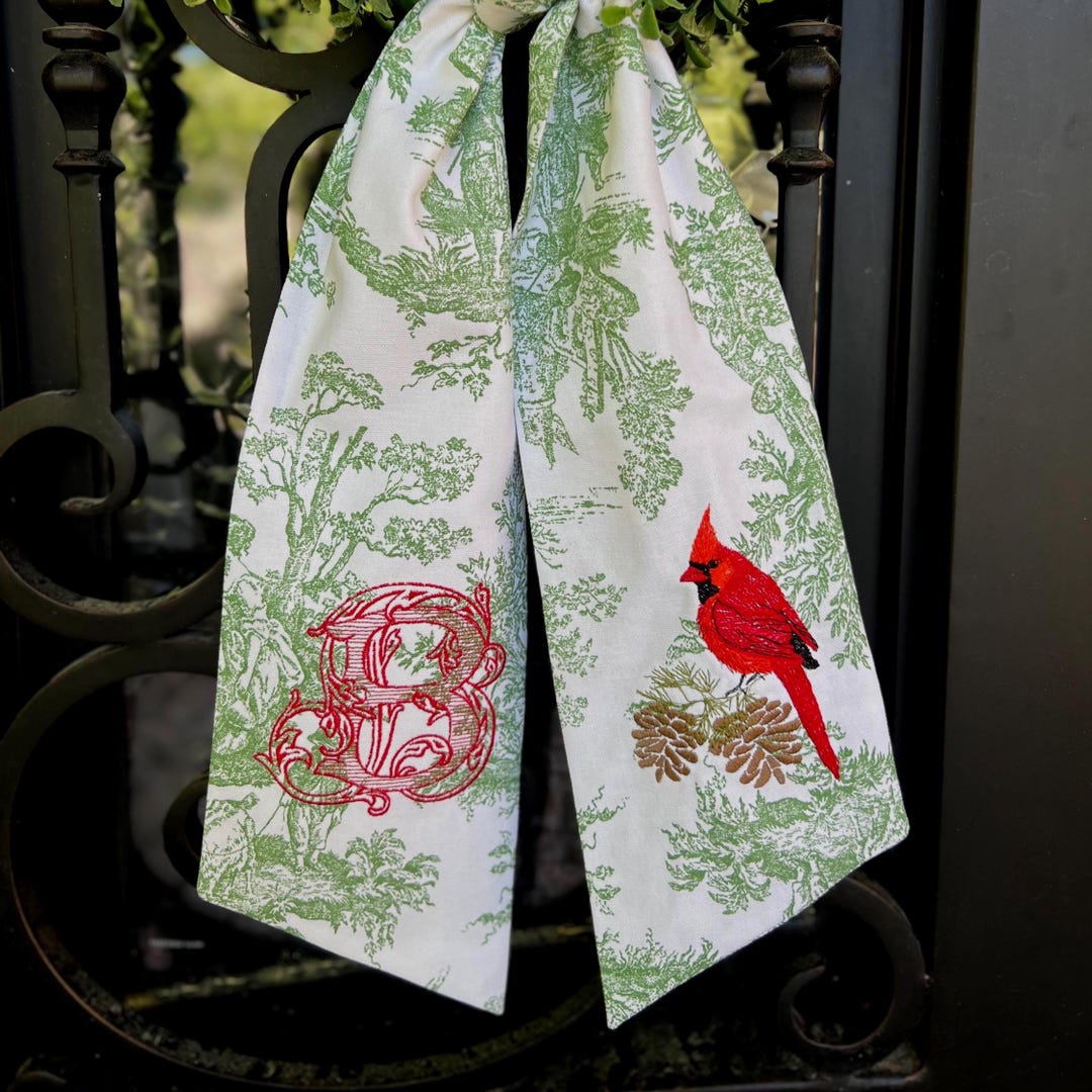 Embroidered Cardinal Wreath Sash, Green French Country Toile ...