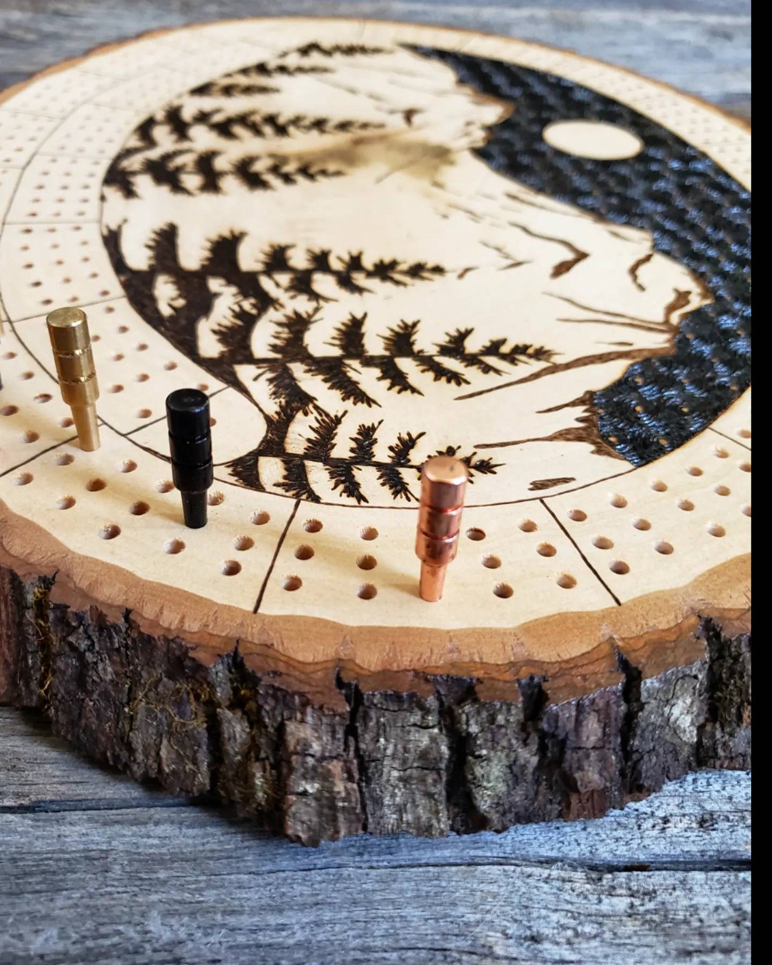 Rustic Live Edge Cribbage Board With Metal Pegs Mountain Landscape Full ...
