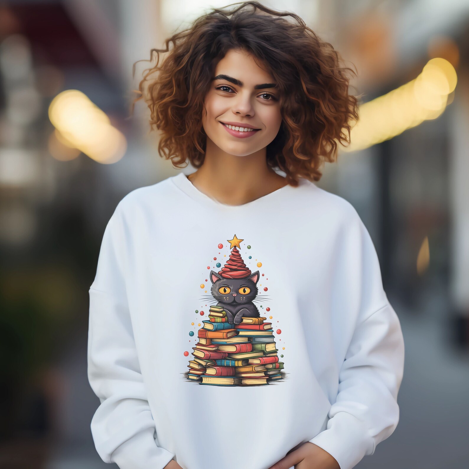 Christmas Book Tree Sweater Book and Cat Lovers Christmas - Etsy
