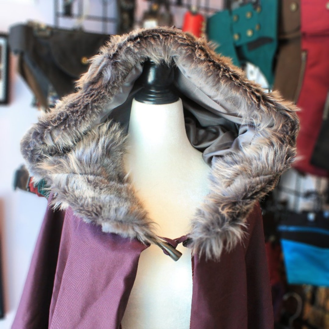 Burning Man Festival Cloak Faux Fur Hood Cotton Canvas Cape Boho Gypsy ...