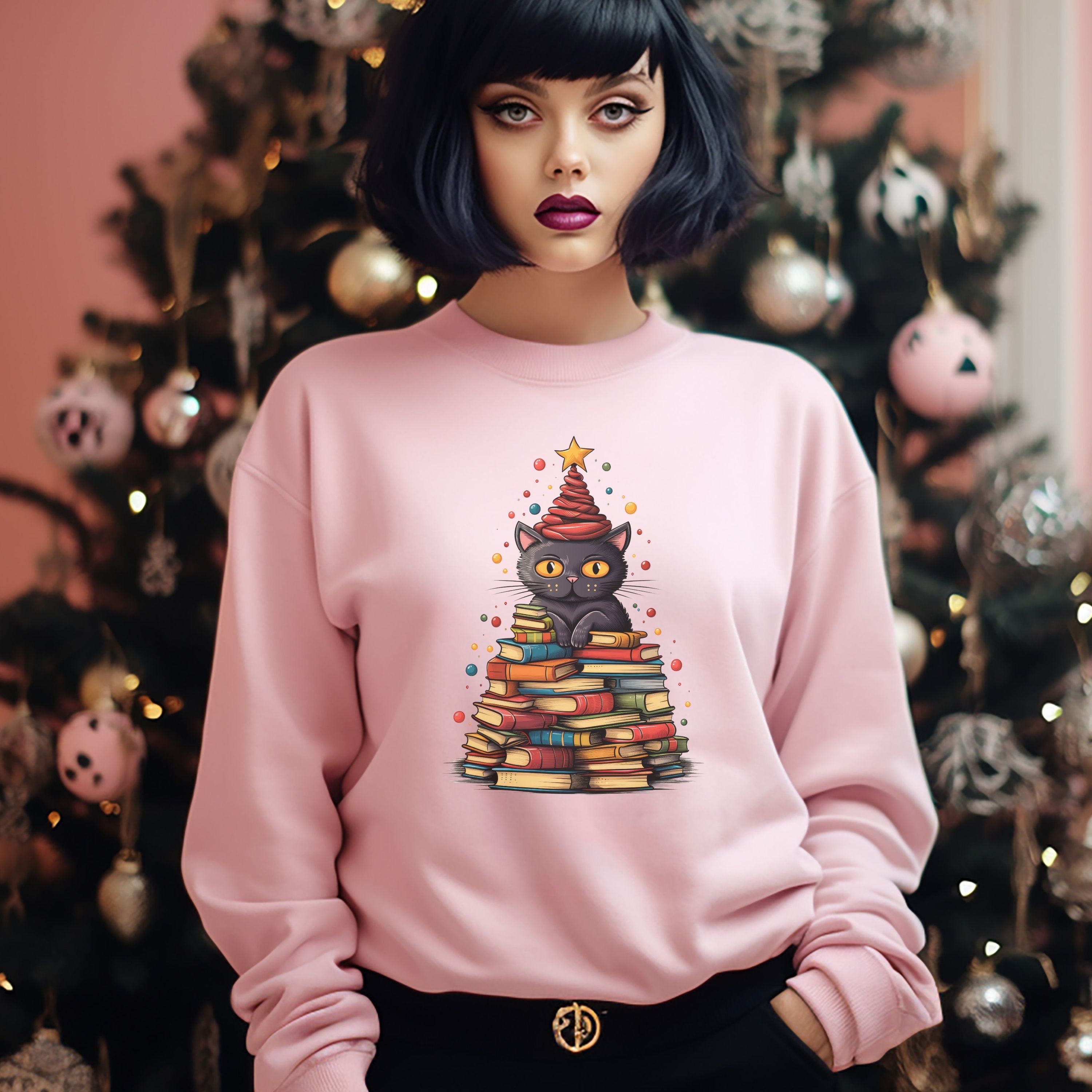 Christmas Book Tree Sweater Book and Cat Lovers Christmas - Etsy