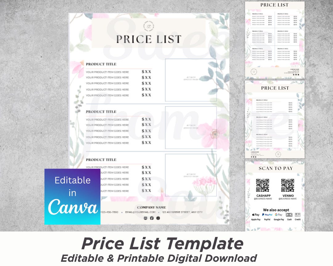 Editable Price List Template Canva: Watercolor Floral Design (digital ...