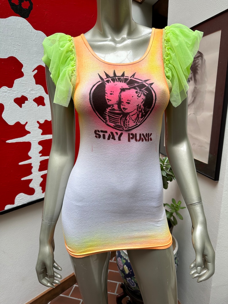 STAY PUNK Harajuku Fluorescent Graffiti Distressed Ruffled Tank Top ...