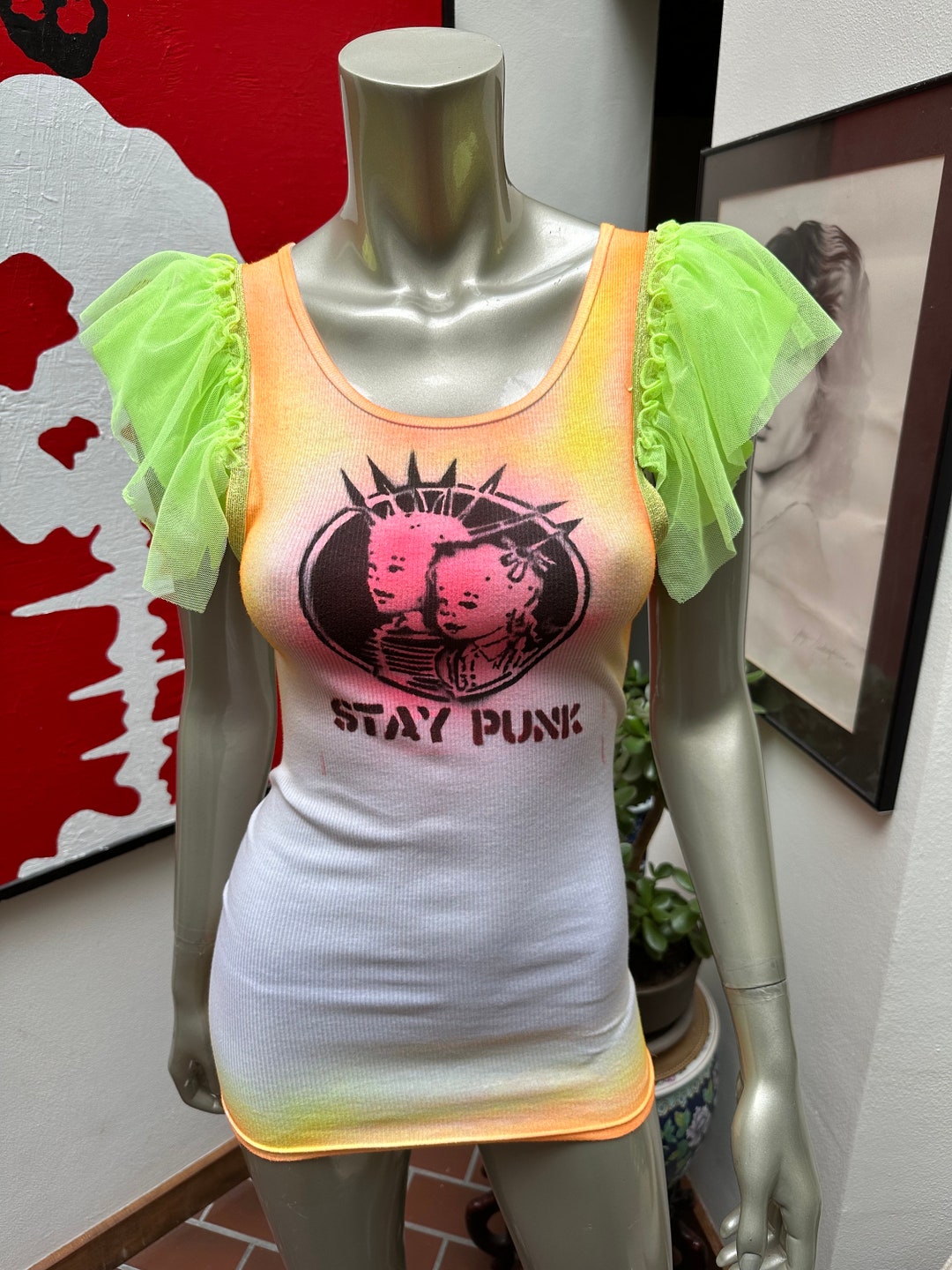 STAY PUNK Harajuku Fluorescent Graffiti Distressed Ruffled Tank Top ...
