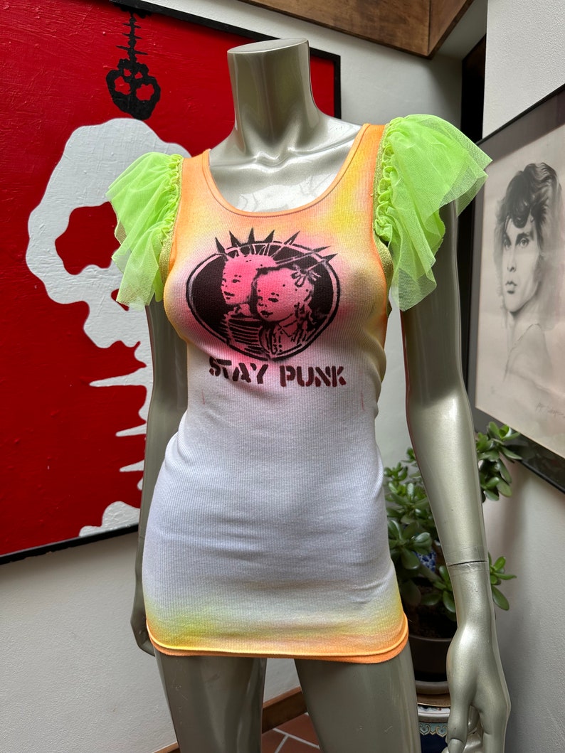 STAY PUNK Harajuku Fluorescent Graffiti Distressed Ruffled Tank Top ...