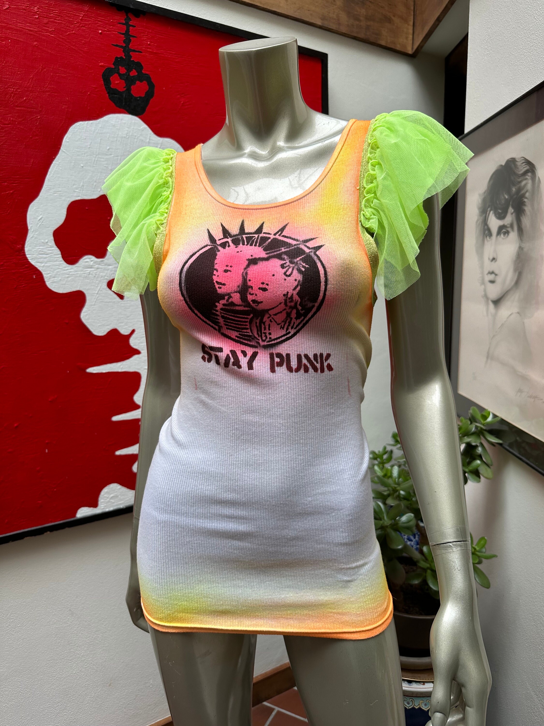STAY PUNK Harajuku Fluorescent Graffiti Distressed Ruffled Tank Top ...