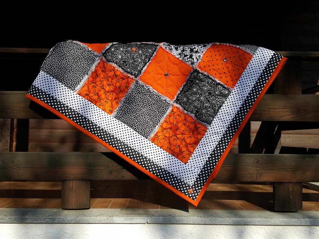 Rag Pumpkin Halloween Quilt. Orange Black Halloween Blanket. Patchwork ...