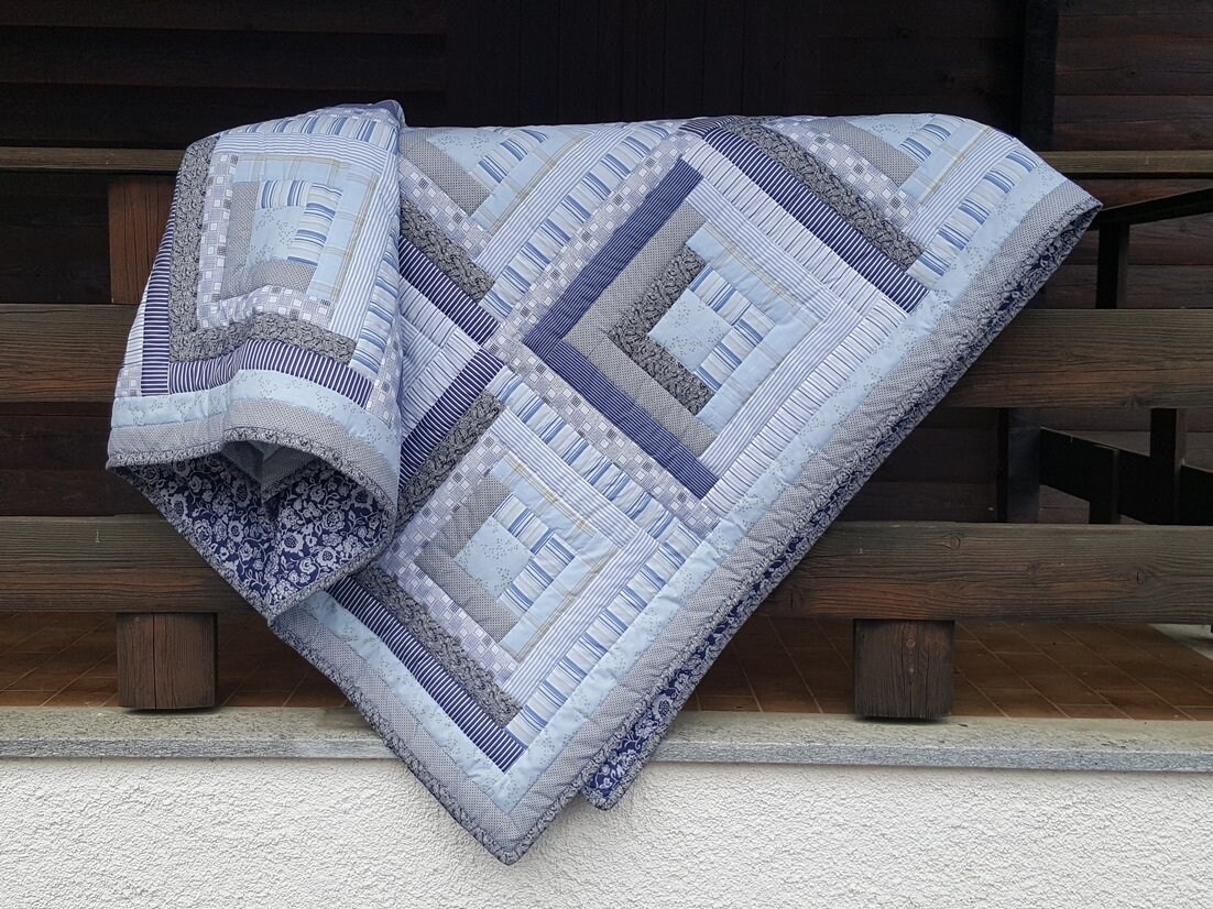 King Size Patchwork Quilt. Blue Country Quilt Set. Personalized ...