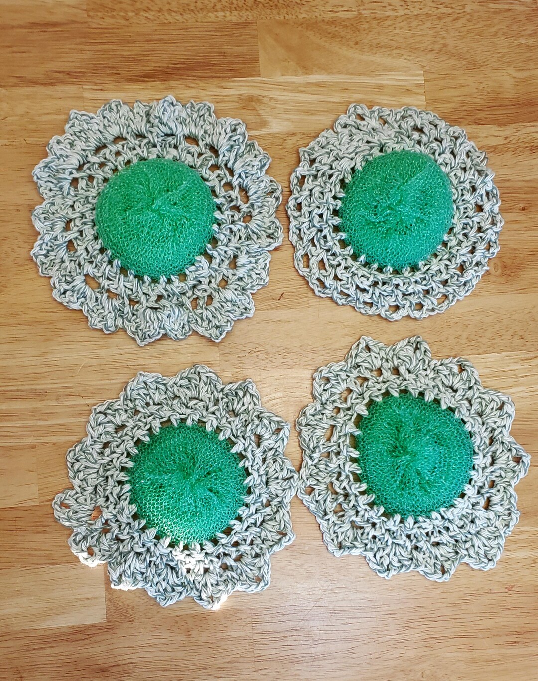4 DISH SCRUBBY Set Green Nylon With Olive Beige Cotton Yarn Hand ...