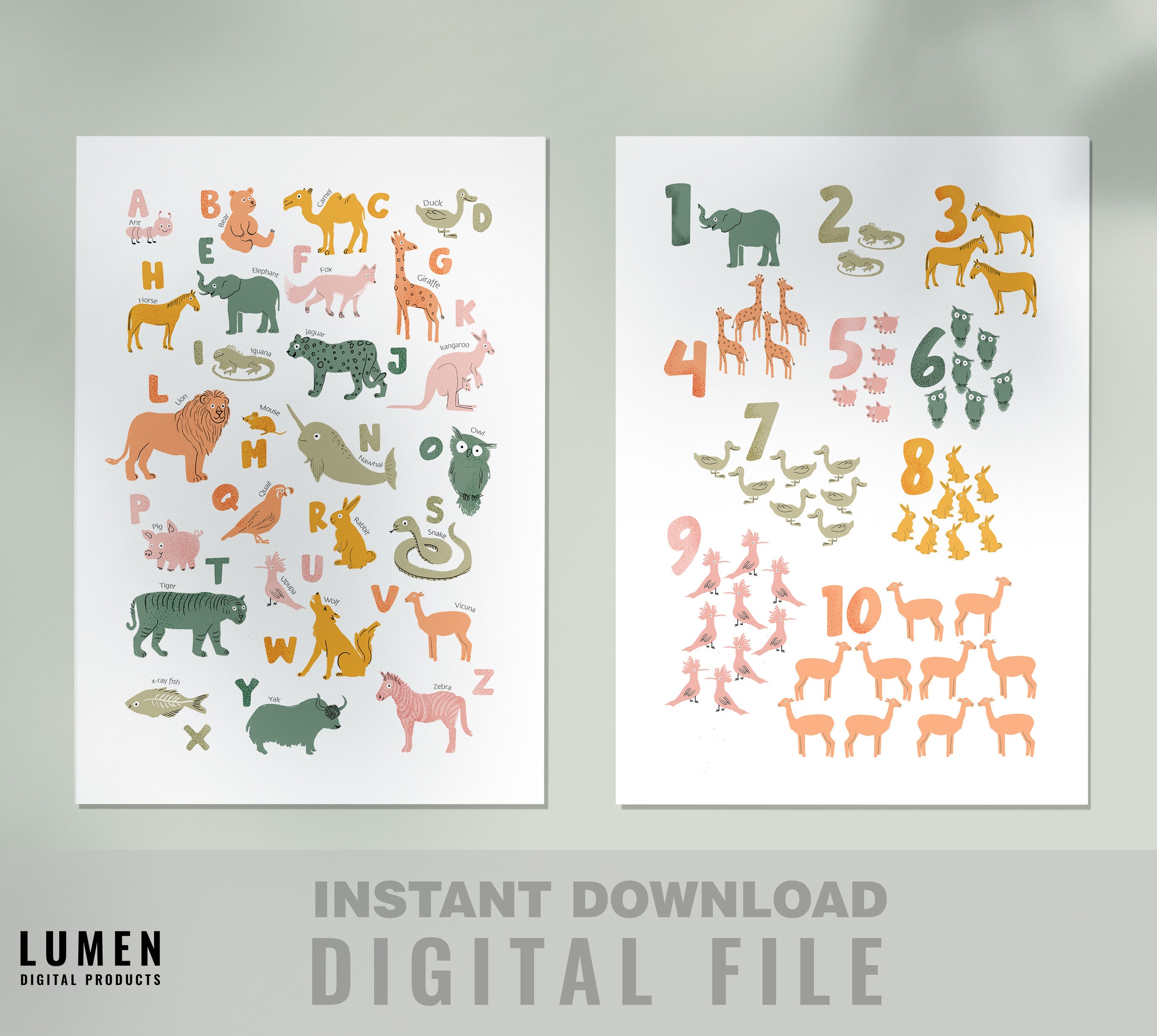 Animal Alphabet and Numbers Prints, Nursery Wall Art, PRINTABLE Wall ...
