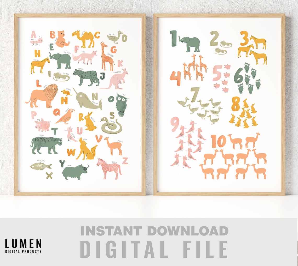Animal Alphabet and Numbers Prints, Nursery Wall Art, PRINTABLE Wall ...