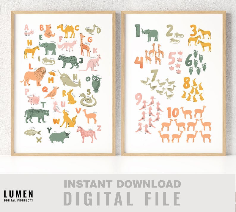 Animal Alphabet and Numbers Prints, Nursery Wall Art, PRINTABLE Wall ...