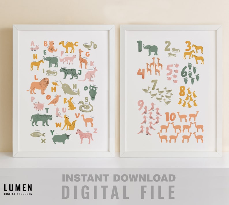 Animal Alphabet and Numbers Prints, Nursery Wall Art, PRINTABLE Wall ...