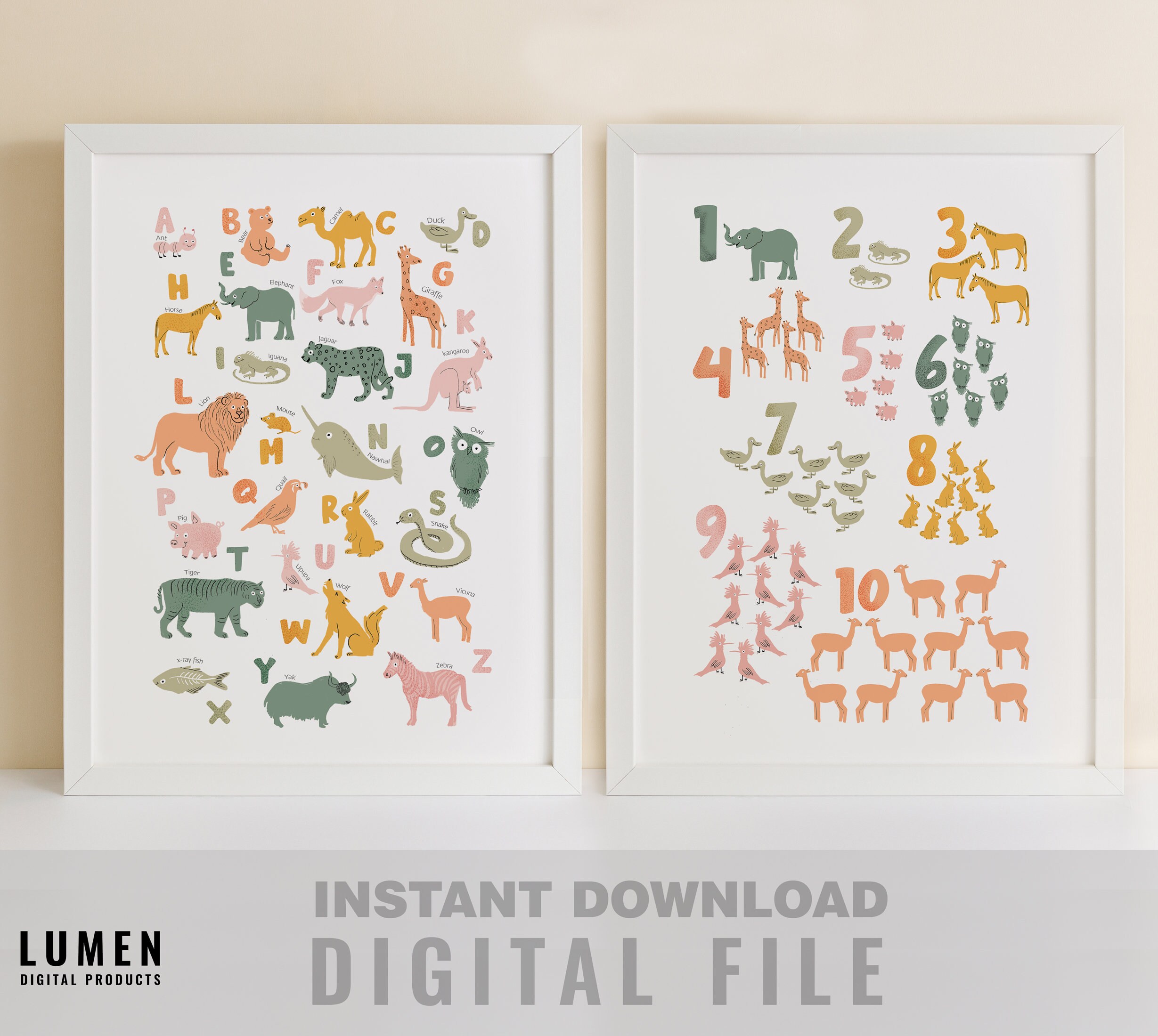 Animal Alphabet and Numbers Prints, Nursery Wall Art, PRINTABLE Wall ...