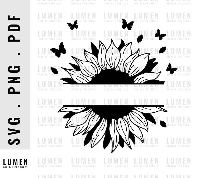 Split Sunflower Svg, Sunflower and Butterflies Svg, Split Sunflower Png ...