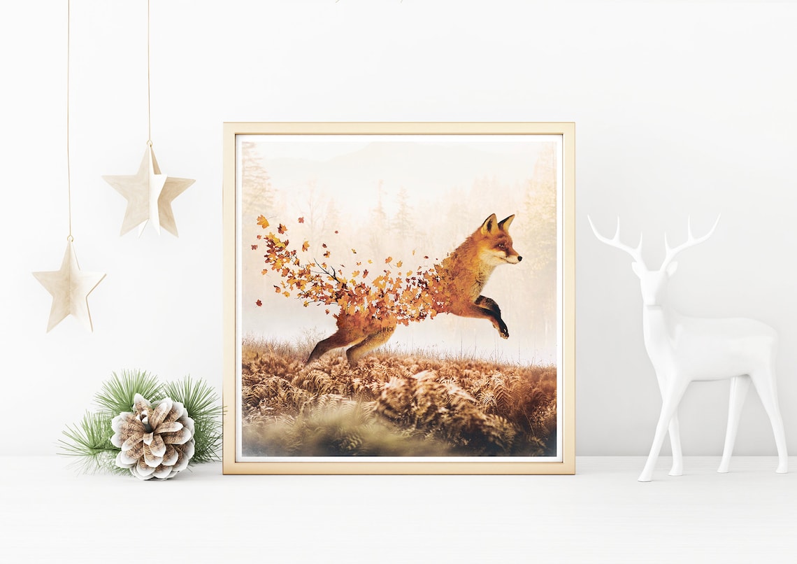 Art Print: Autumn Fox Fall Leaves Wall Decor Cute Gift - Etsy