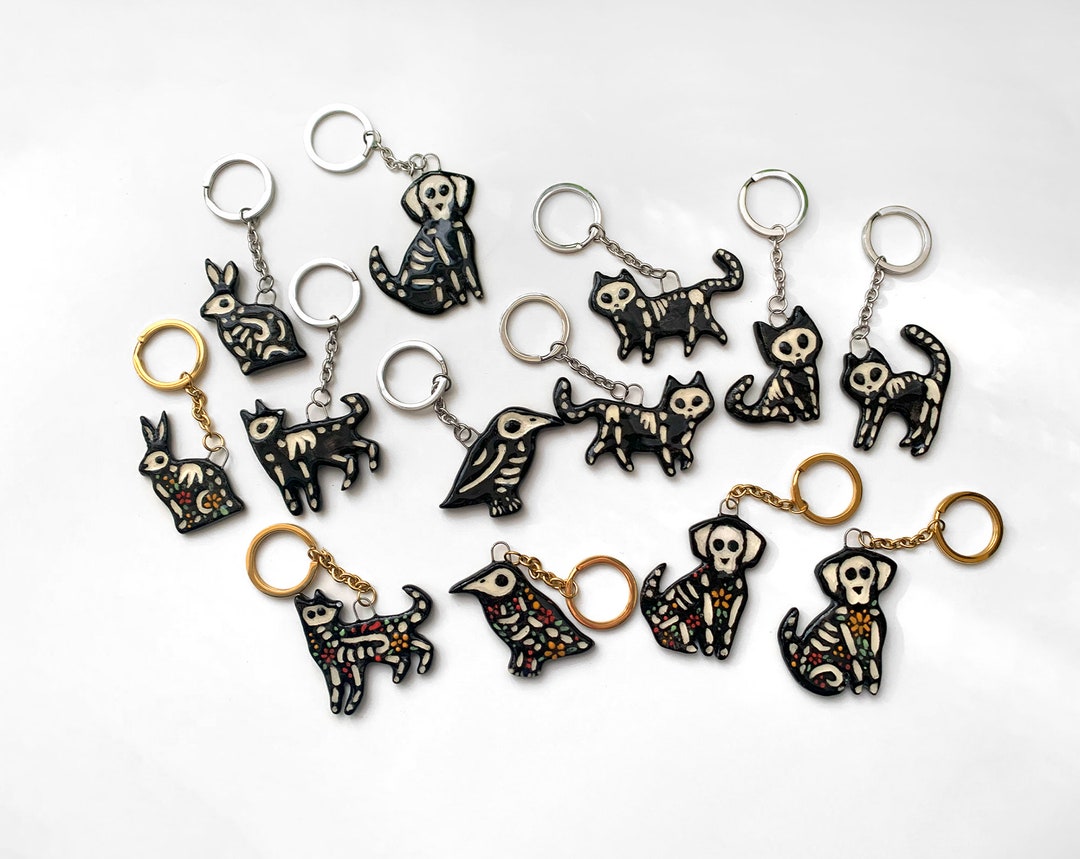 Handmade Skeleton Keychains • Hand Painted Ceramic Charms • Stainless ...
