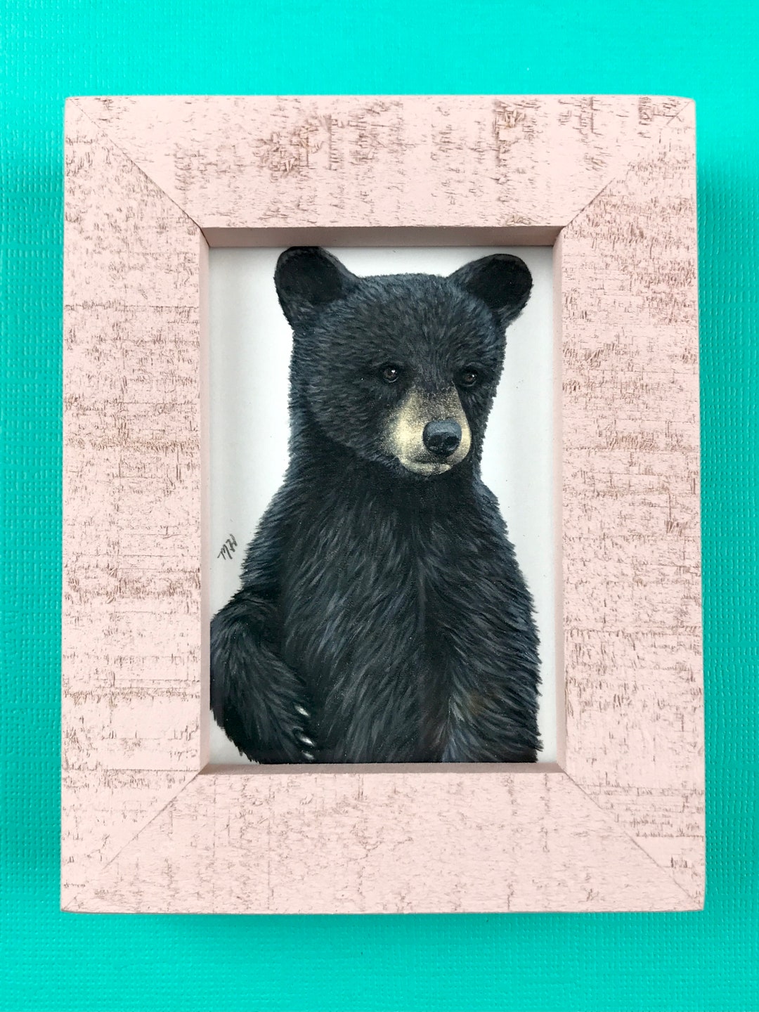 Original Colored Pencil Bear Cub Drawing in a Black Frame, Farmhouse ...