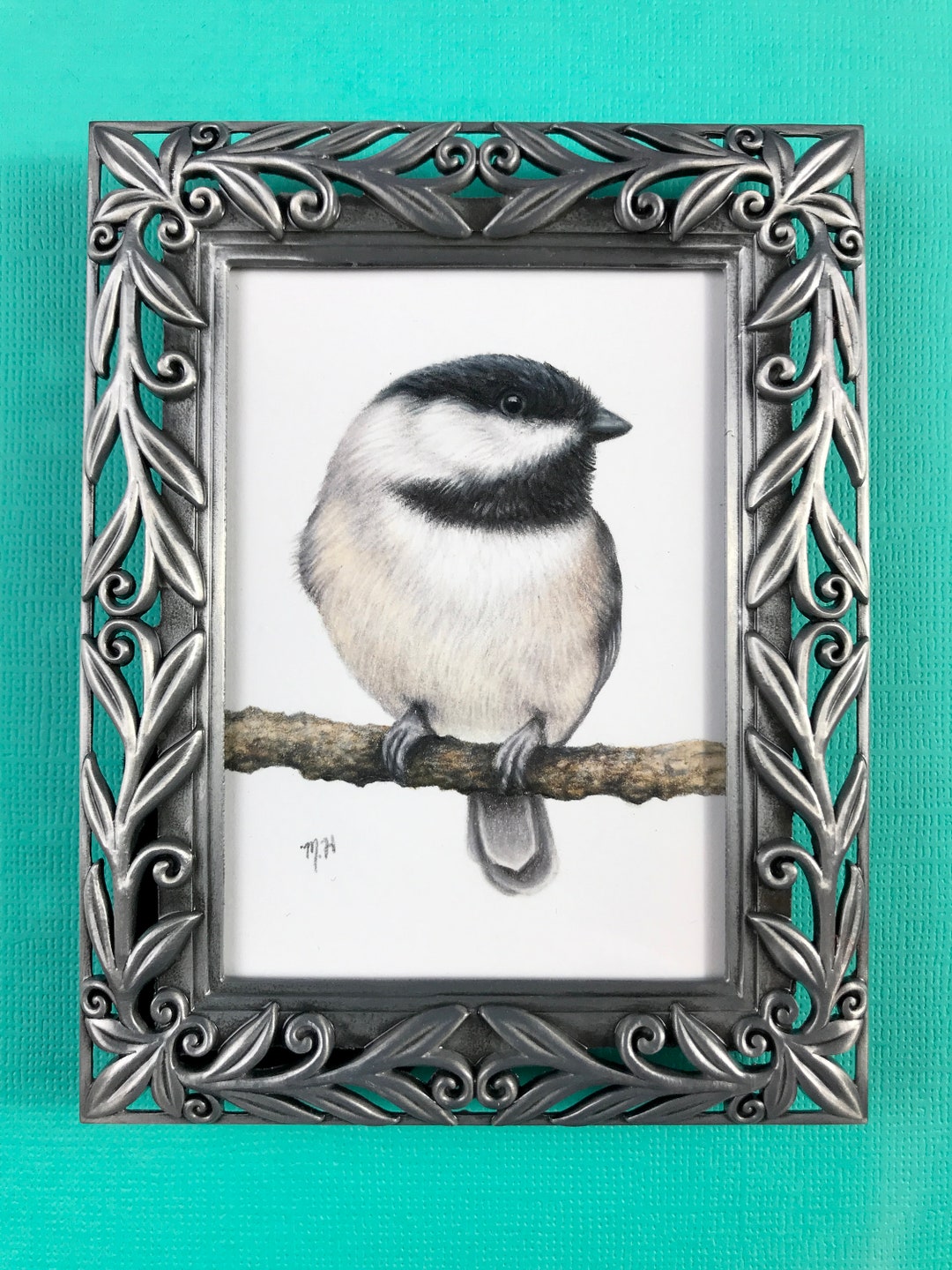 Chickadee Drawing in a Silver Leaf Frame - Etsy