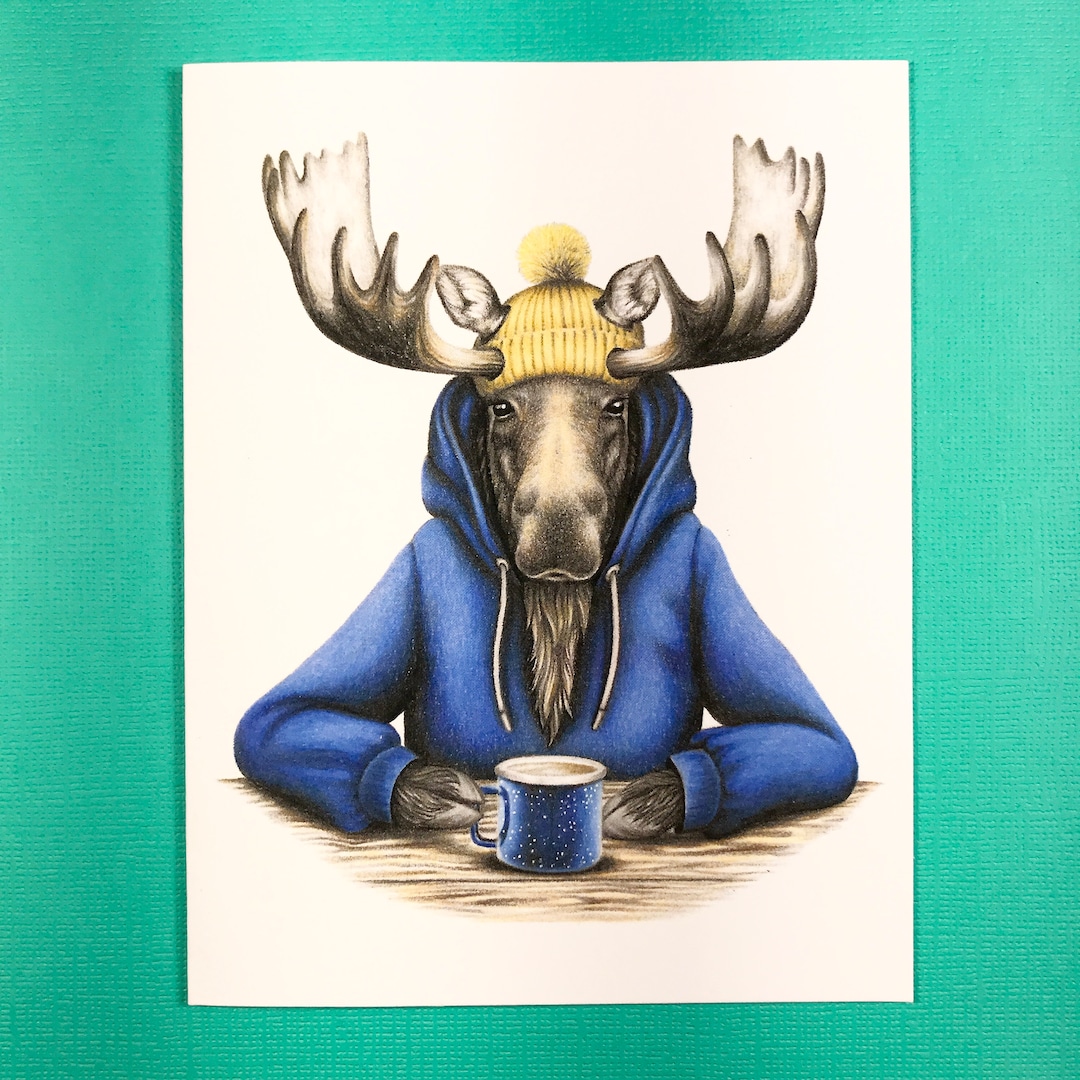 Moose in Hoodie With Coffee Mug Greeting Card, A2 Size, Made in USA - Etsy
