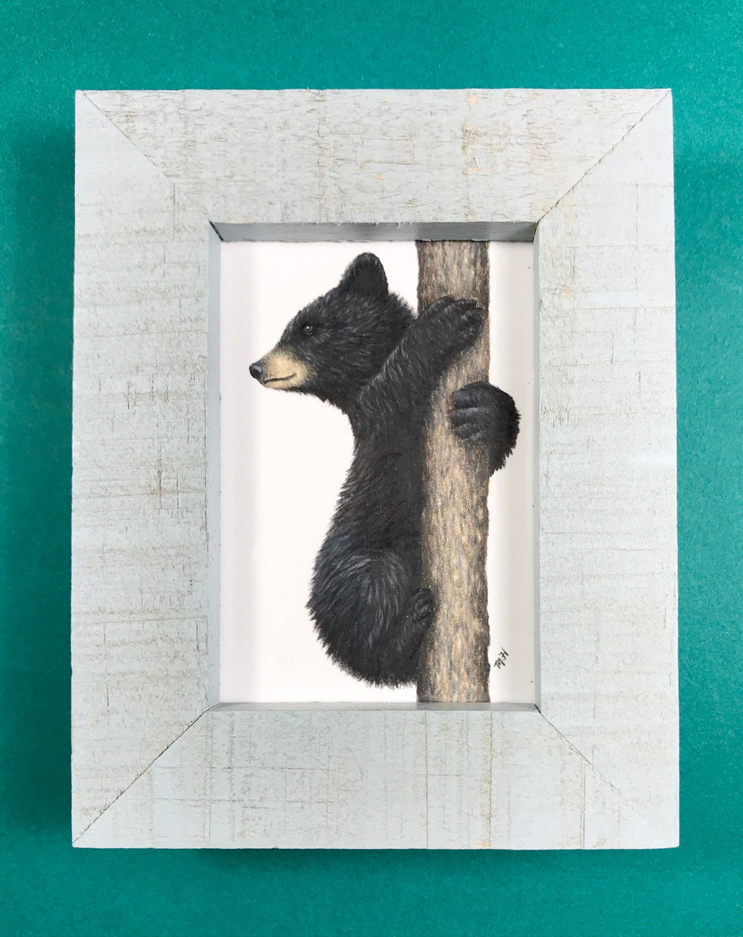 Original Colored Pencil Bear Cub Drawing in a Blue Wood Frame ...