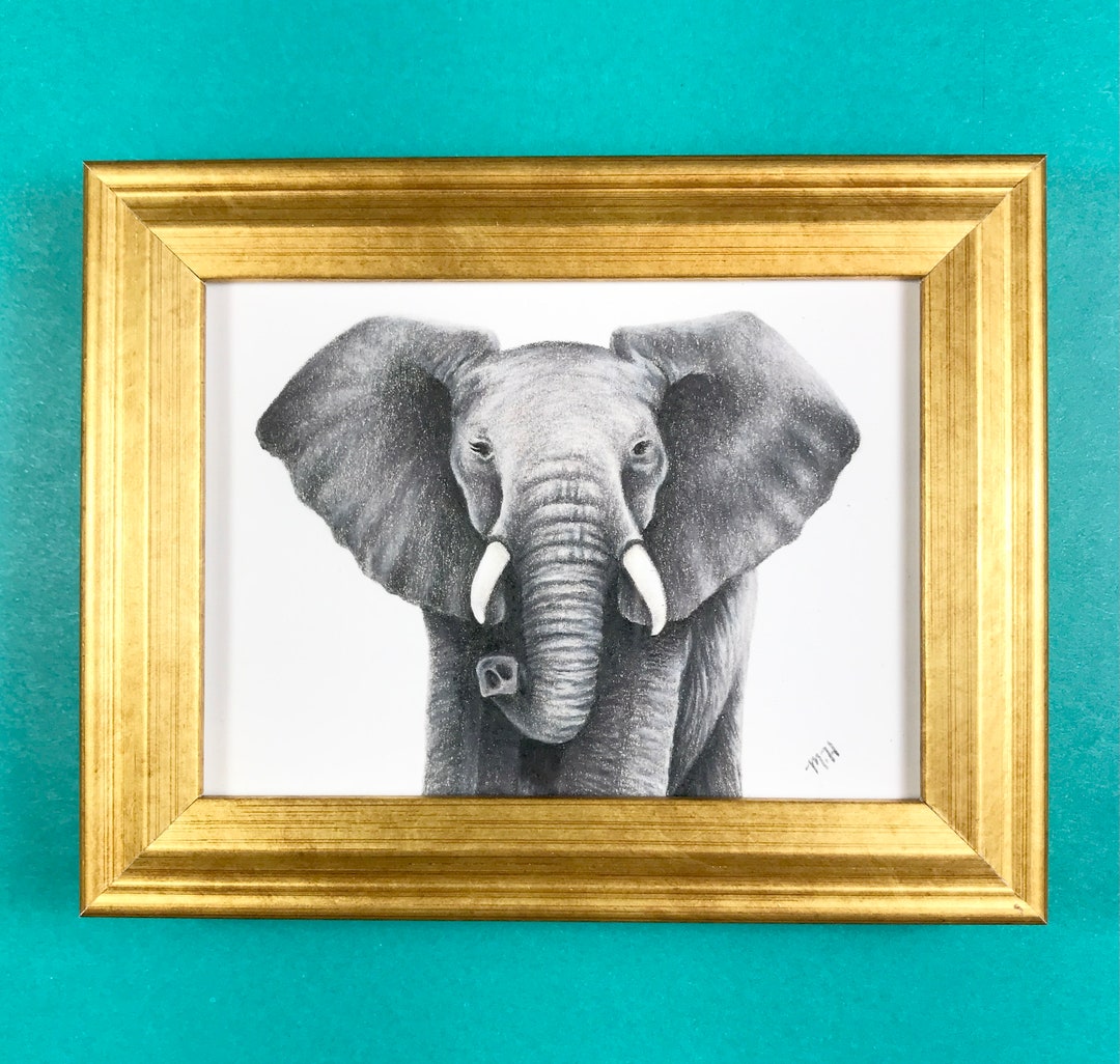 Elephant Original Colored Pencil Drawing in a Gold Frame, Hand-drawn ...