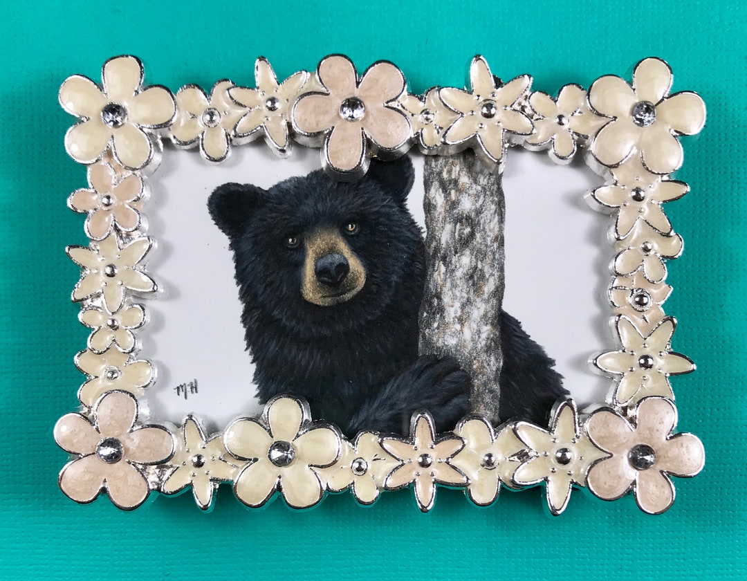 Itty Bitty Black Bear Original Colored Pencil Drawing in a Floral Frame ...
