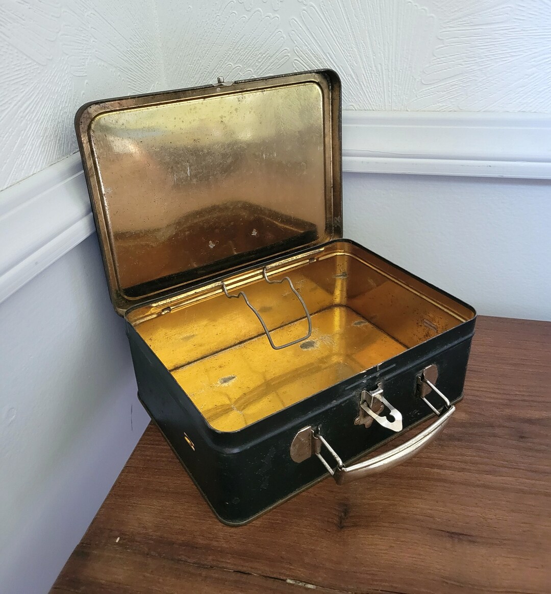 Vintage Black Metal Lunch Box With Bottle Holder - Etsy