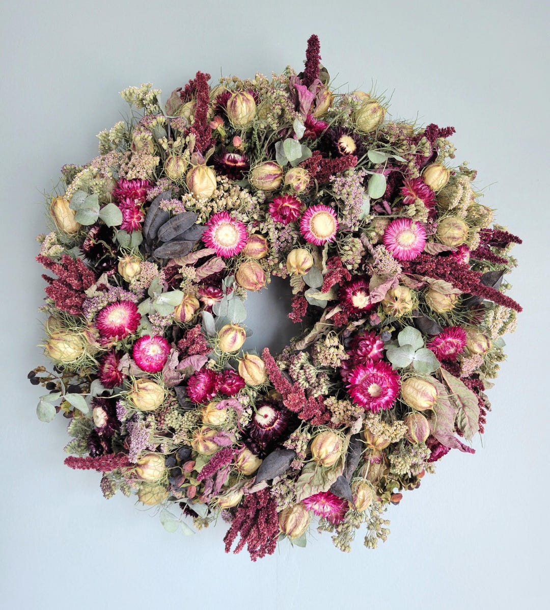 Natural Dried Flower Wreath 16" * Strawflower Nigella Achillea Amaranth ...