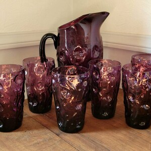Vintage Glass Pitcher Set Purple / Amethyst Glassware Dimpled / Pinched ...
